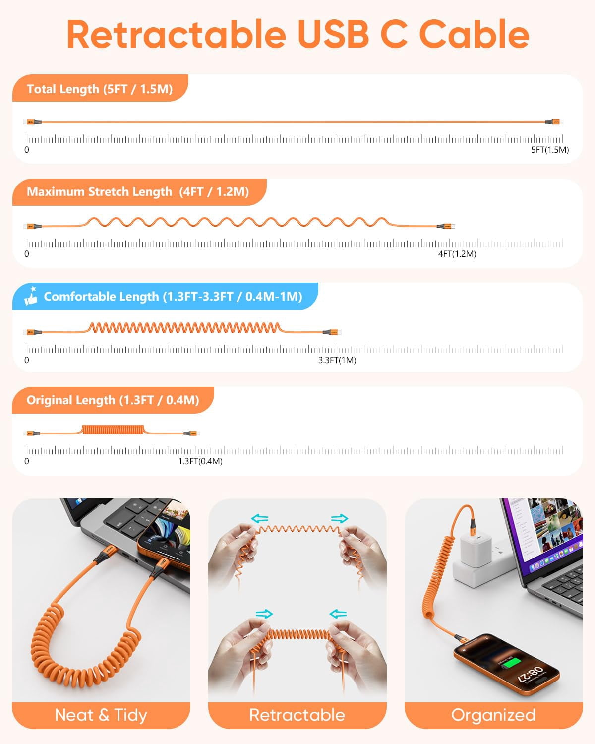 PYYAN-Coiled USB C to USB C Cable, 60W 2-Pack 5FT【Extendable:1.3FT-3 ...