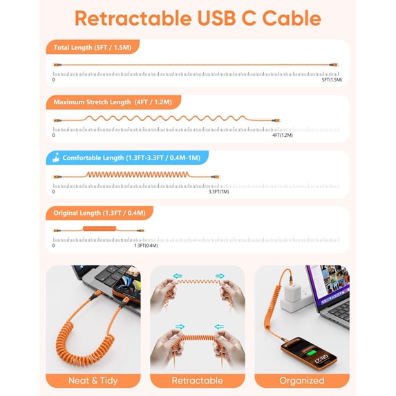 PYYAN-Coiled USB C to USB C Cable, 60W 2-Pack 5FT【Extendable:1.3FT-3 ...