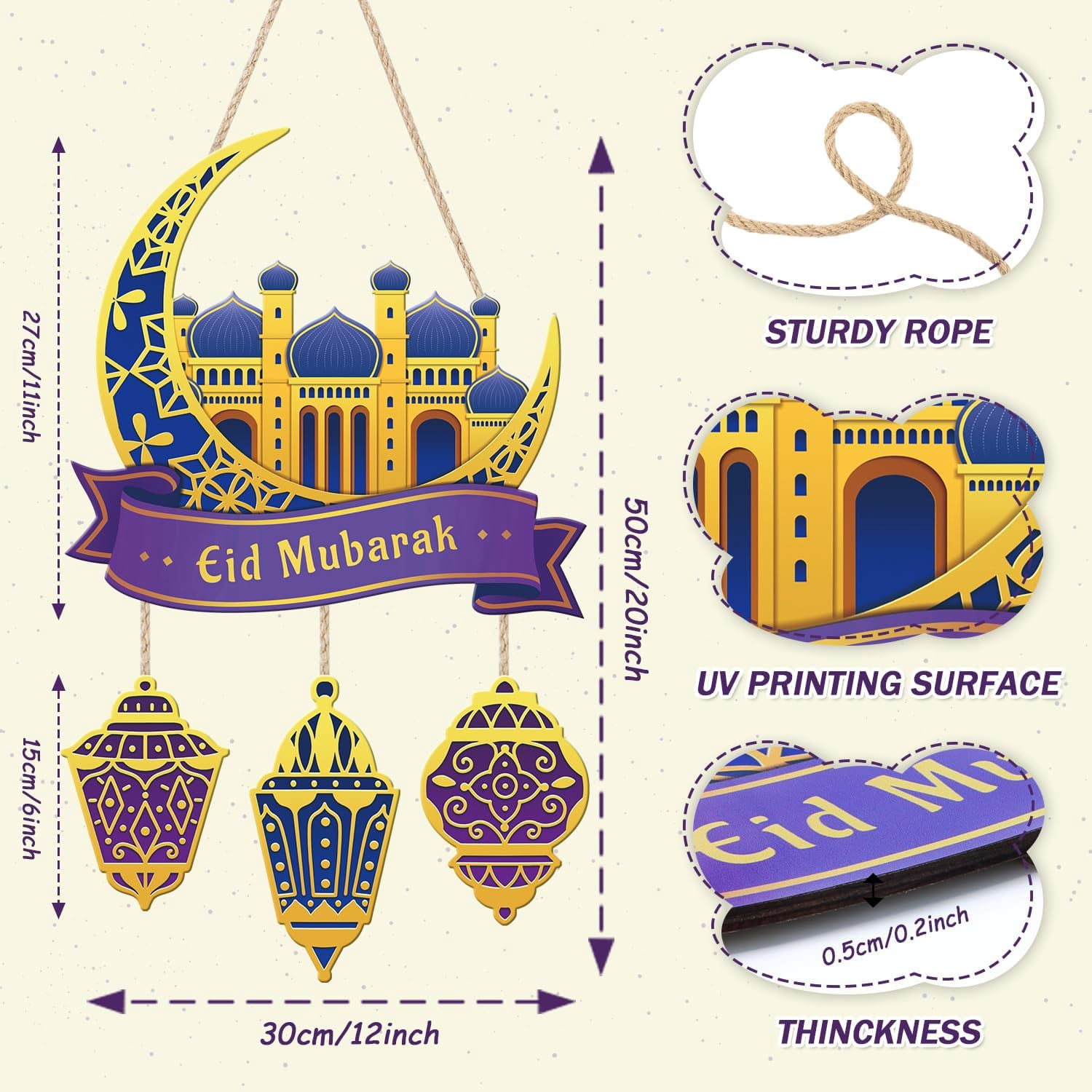 PYYAN-Colorful Eid Mubarak Wood Hang Plaque Muslim Symbol Wall Decor(12 ...