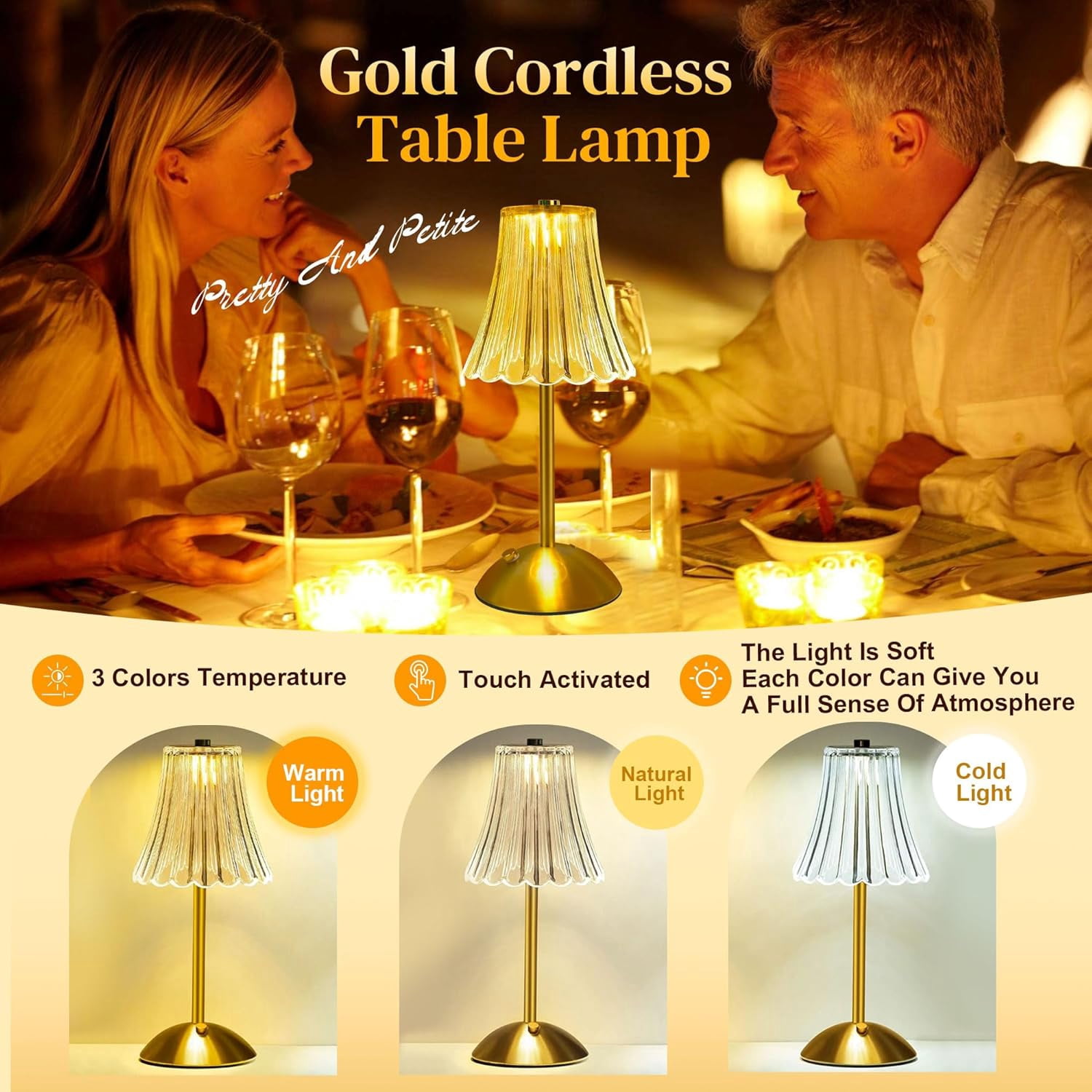 PYYAN-Cordless Table Lamps for Bedroom,Gold Cordless Battery Operated ...