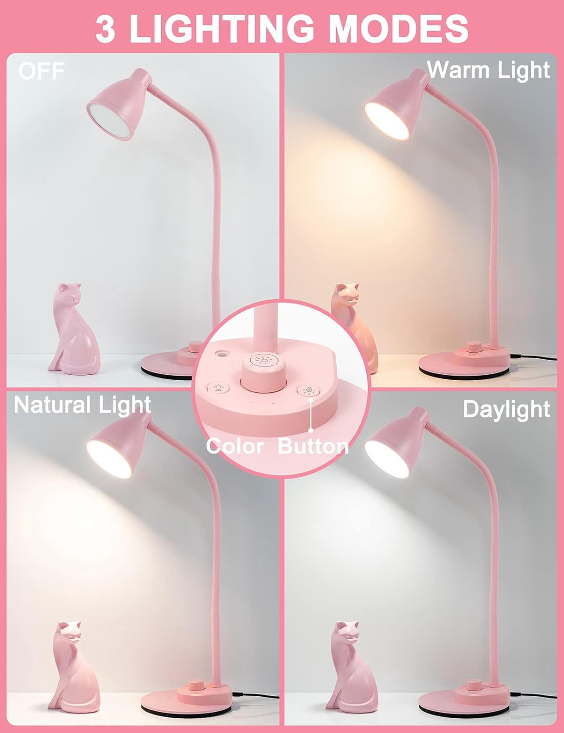 PYYAN-Cute Desk Lamp with USB Charging Port, Pink Lamp 3 Color Modes ...
