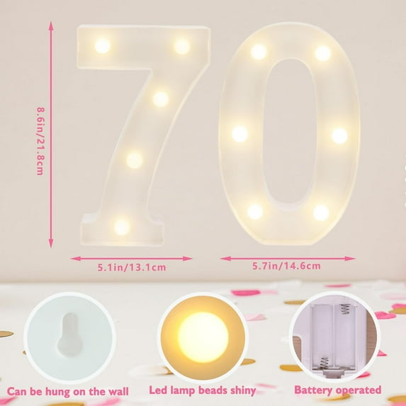 PYYAN-Decorative Led Light Up Numbers, 70th Birthday Decorations, Warm ...