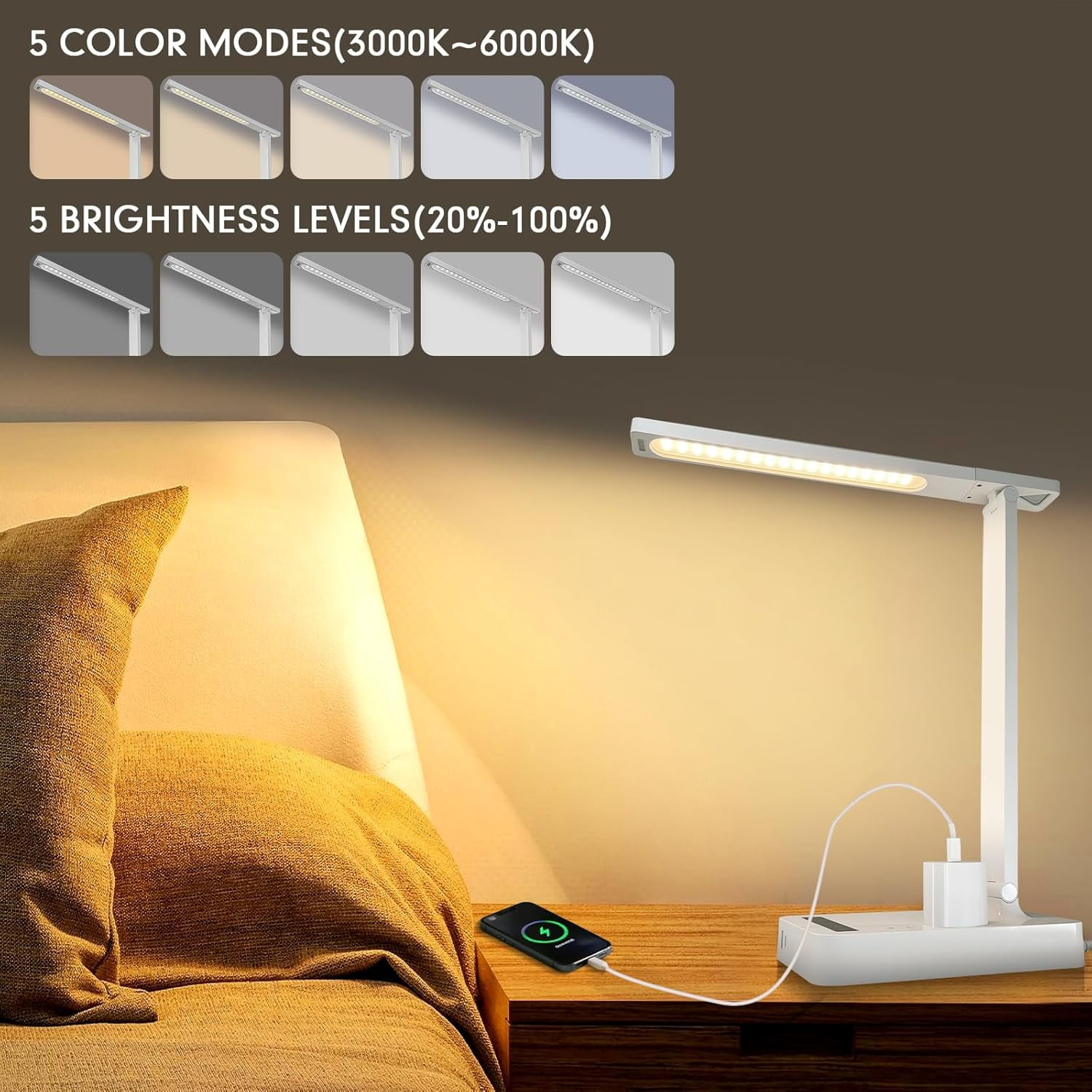 PYYAN-Desk Lamp with 4-Port Charging Station (2 AC Outlets, USB-C, USB ...