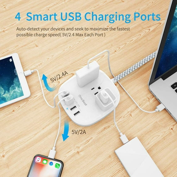 PYYAN-Desktop Power Strip with 3 Outlet 4 USB Ports 4.5A, Flat Plug and ...