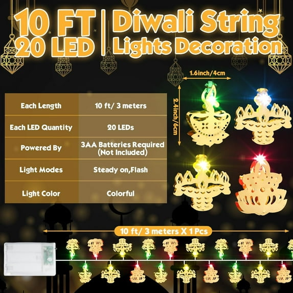 PYYAN-Diwali String Lights, 20 ft 40 LED Battery Operated Diya Lights Diwali Decorations for ...