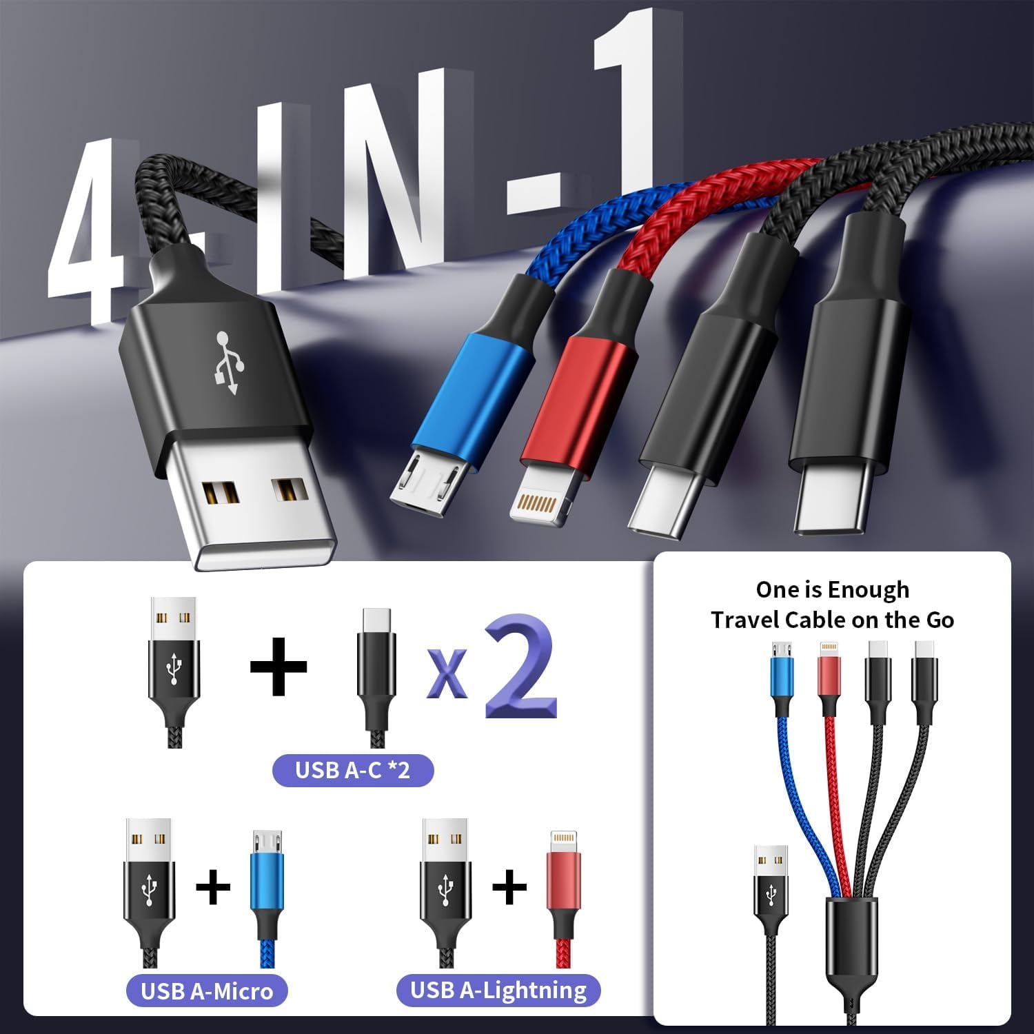 PYYAN-Dual Type-C 4 in 1 Multi Charging Cable for Multiple Devices with ...