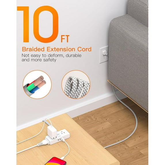 PYYAN-Extension Cord 10 ft, Flat Plug Power Strip, 4 Widely Outlets ...