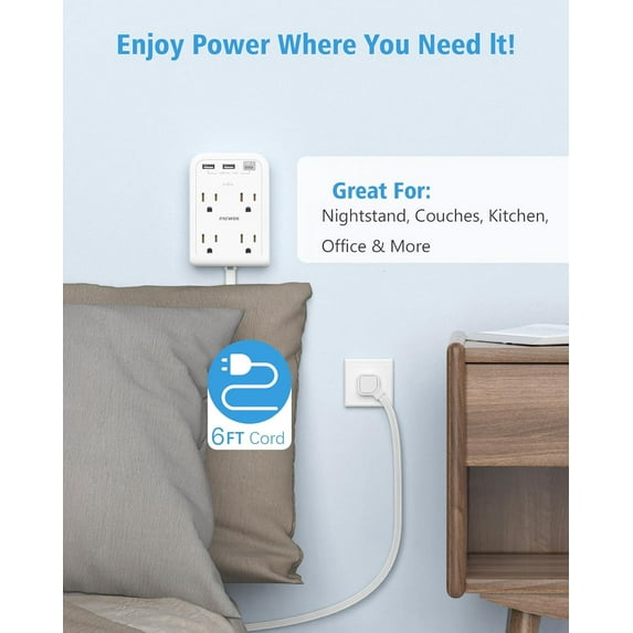 PYYAN-Flat Electrical Outlet Extender with USB C Ports, 4 Outlet 3 USB ...