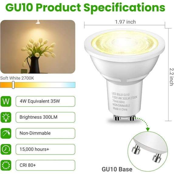 PYYAN-GU10 LED Light Bulbs Non-Dimmable, 4W, 2700K Warm White, 300LM, Equivalent 35W, 2 Prong ...