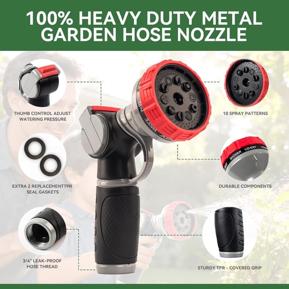 PYYAN-Garden Hose Nozzle - 10 Adjustable Spray Patterns, Ergonomic ...