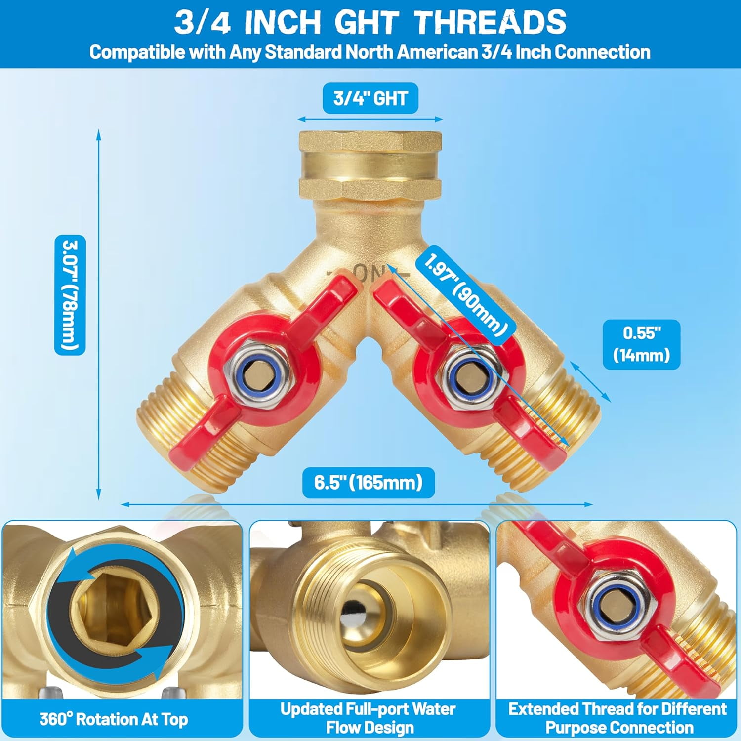 PYYAN-Garden Hose Splitter Full Flow, Brass Y Hose Splitter 2 Way Heavy ...