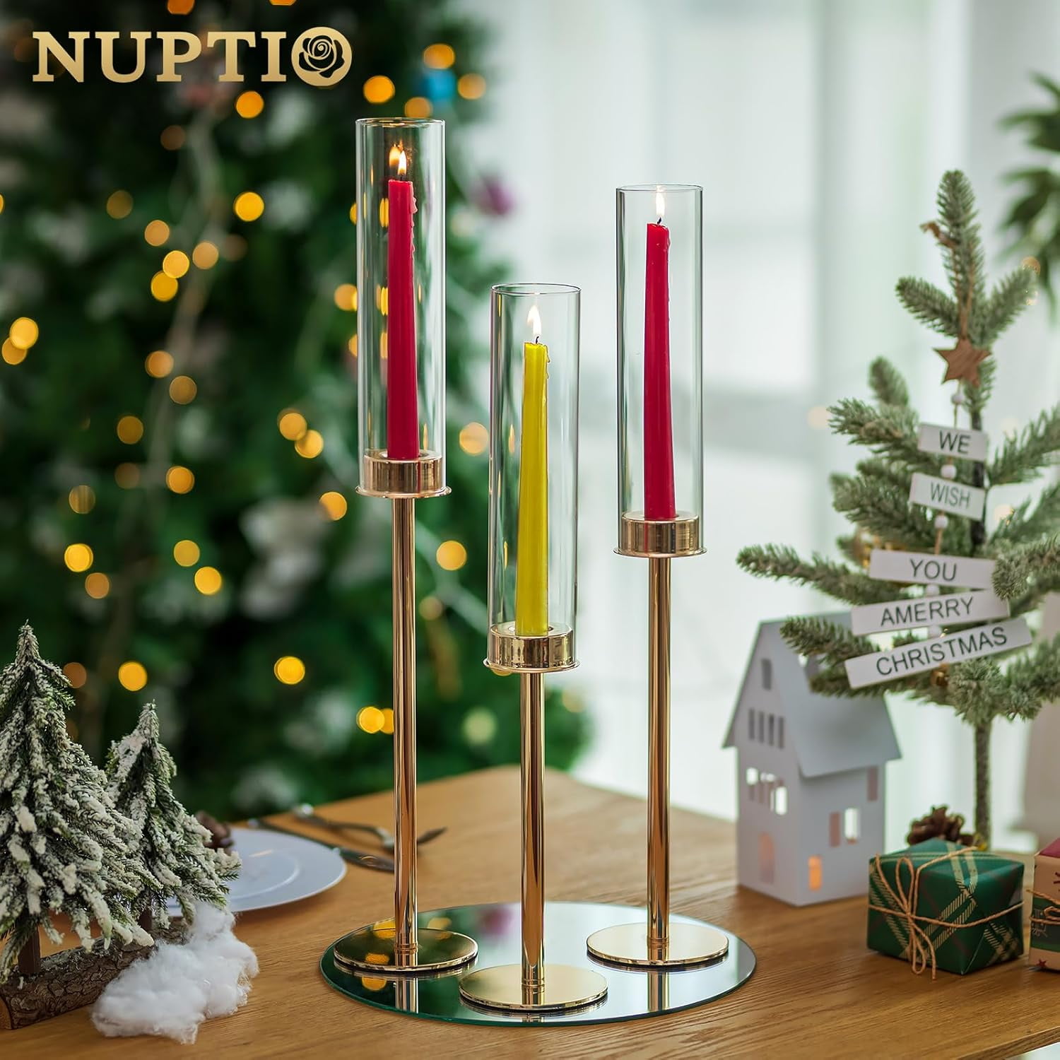PYYAN-Gold Taper Candle Holders: Set of 3 Tall Hurricane Candlestick ...