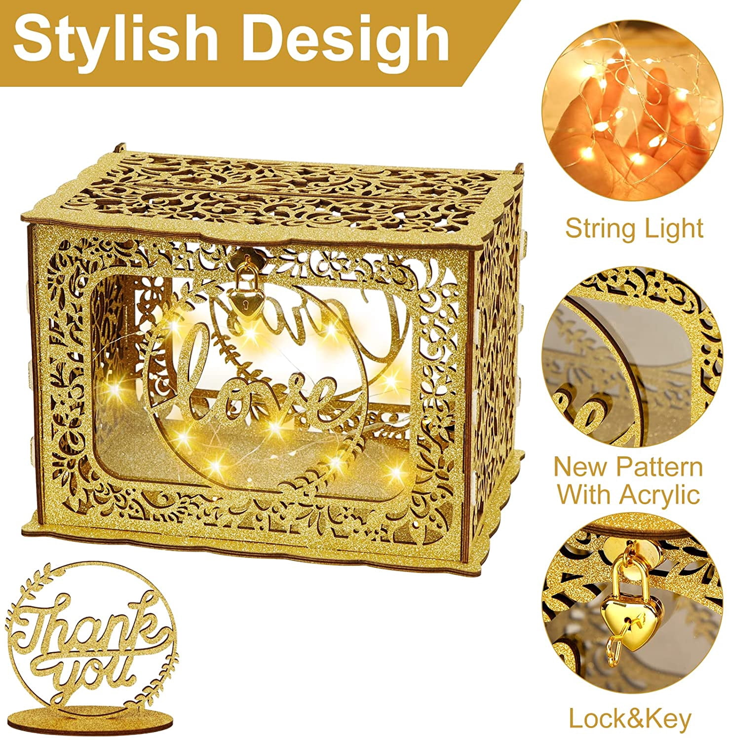 PYYAN-Gold Wedding Card Box with Lock and String Light, Wood Gift Card ...