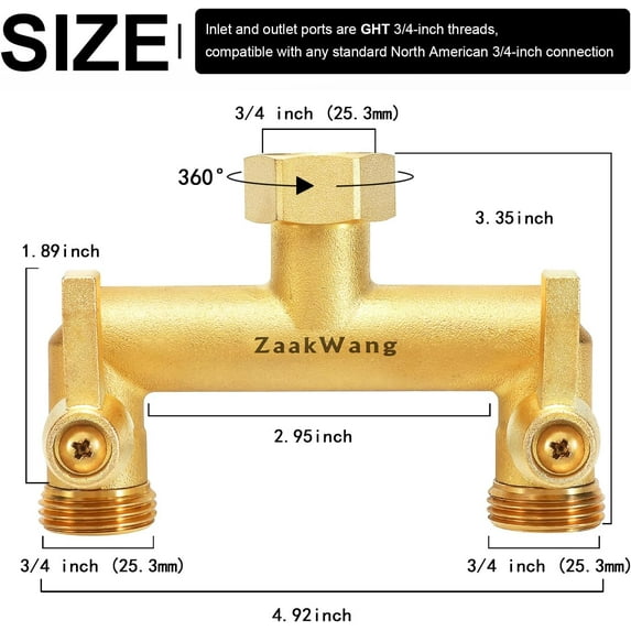 PYYAN-Heavy Duty Brass 2-Way Garden Hose Splitter, 3/4" GHT Threads ...