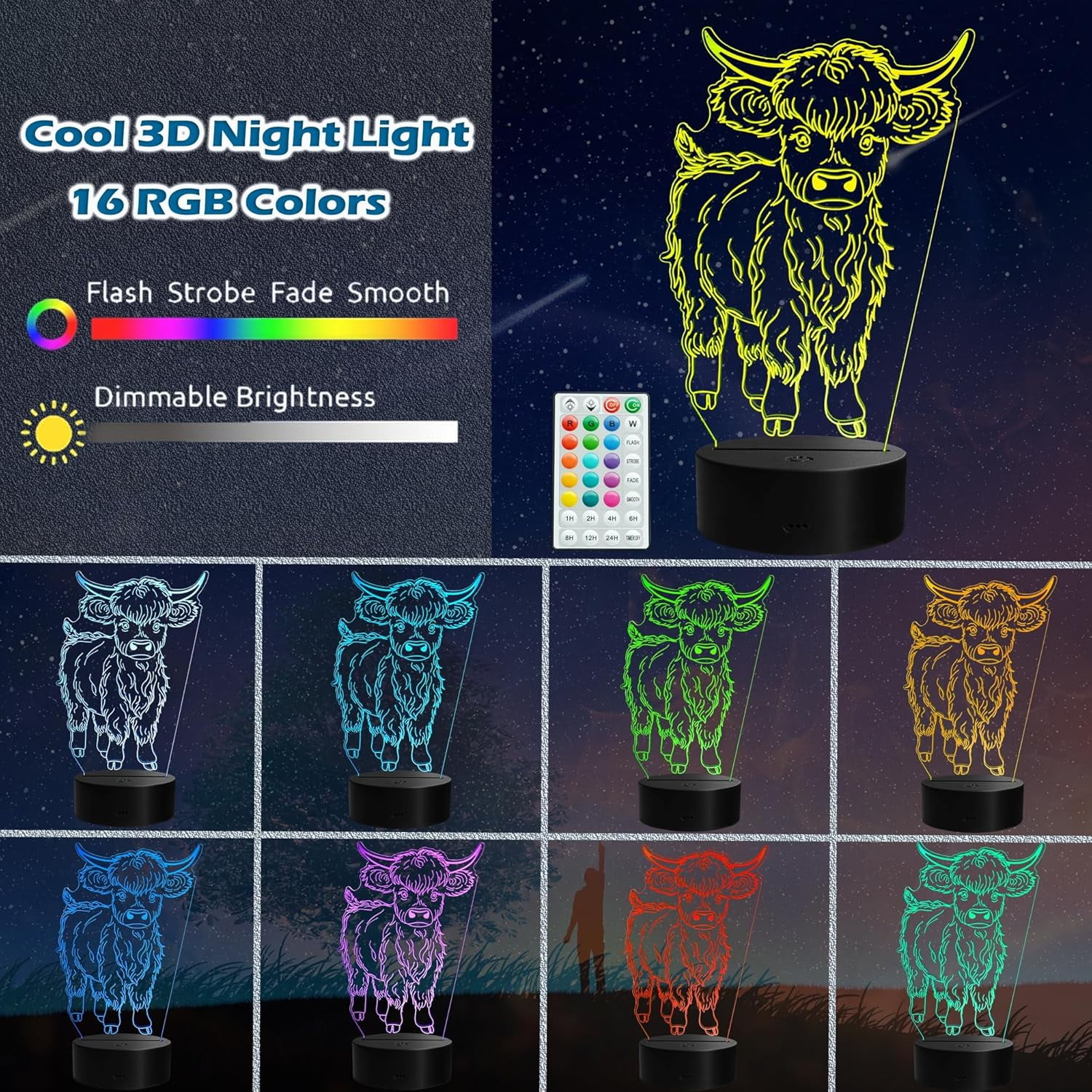 PYYAN-Highland Cow Gifts, 3D Cow Night Light, 16 Colors with Remote ...