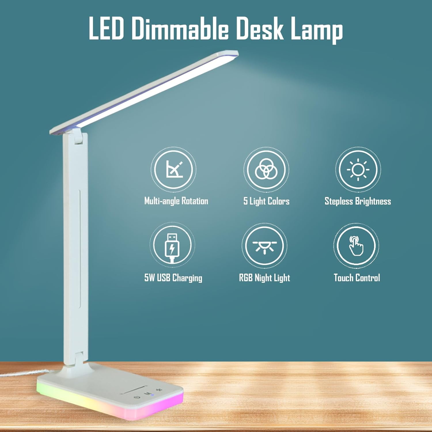 PYYAN-LED Desk Lamp with RGB Atmosphere Light, 5W USB Output, 5 Color ...
