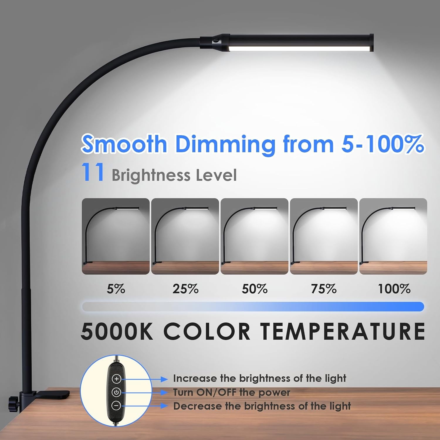 PYYAN-LED Desk lamp with Clamp, 5000K Daylight White 11 Brightness ...