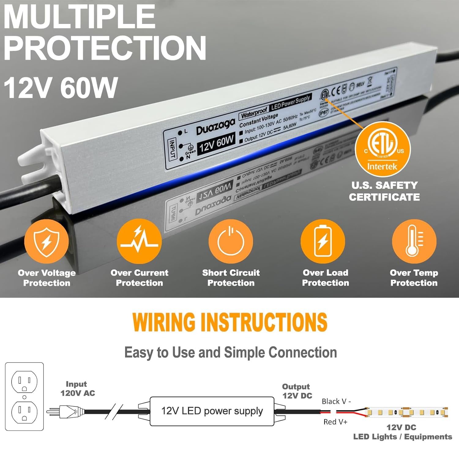 PYYAN-| LED Driver 12Volt Power Supply 120V AC to 12V DC Converter 60W ...