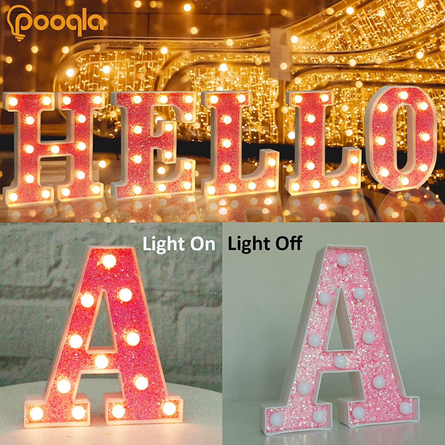 PYYAN-LED Marquee Letter Lights, Pink Glitter Light Up Letters Alphabet ...