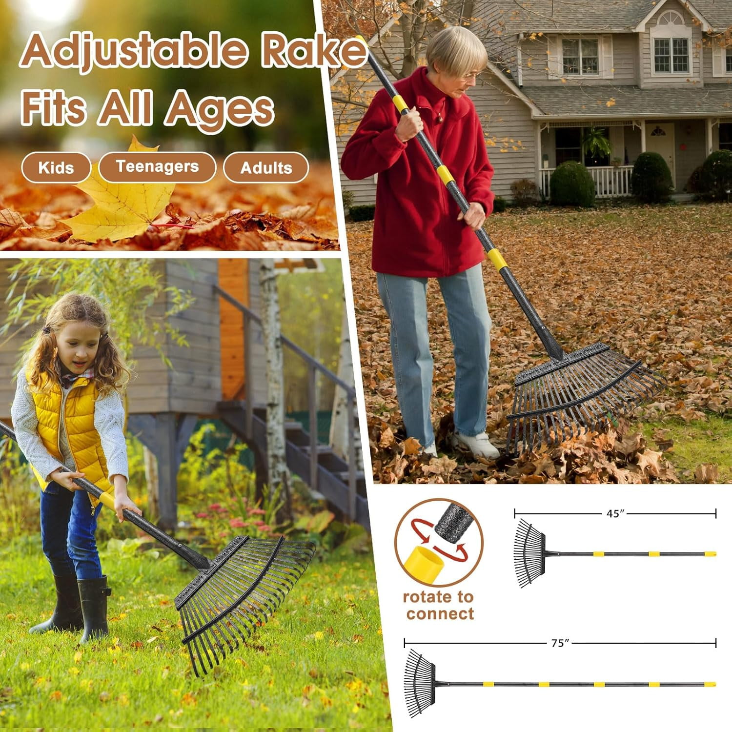 PYYAN-Leaf Rake 18” Wide Heavy Duty Metal 25 Tines Garden Rake Set with ...