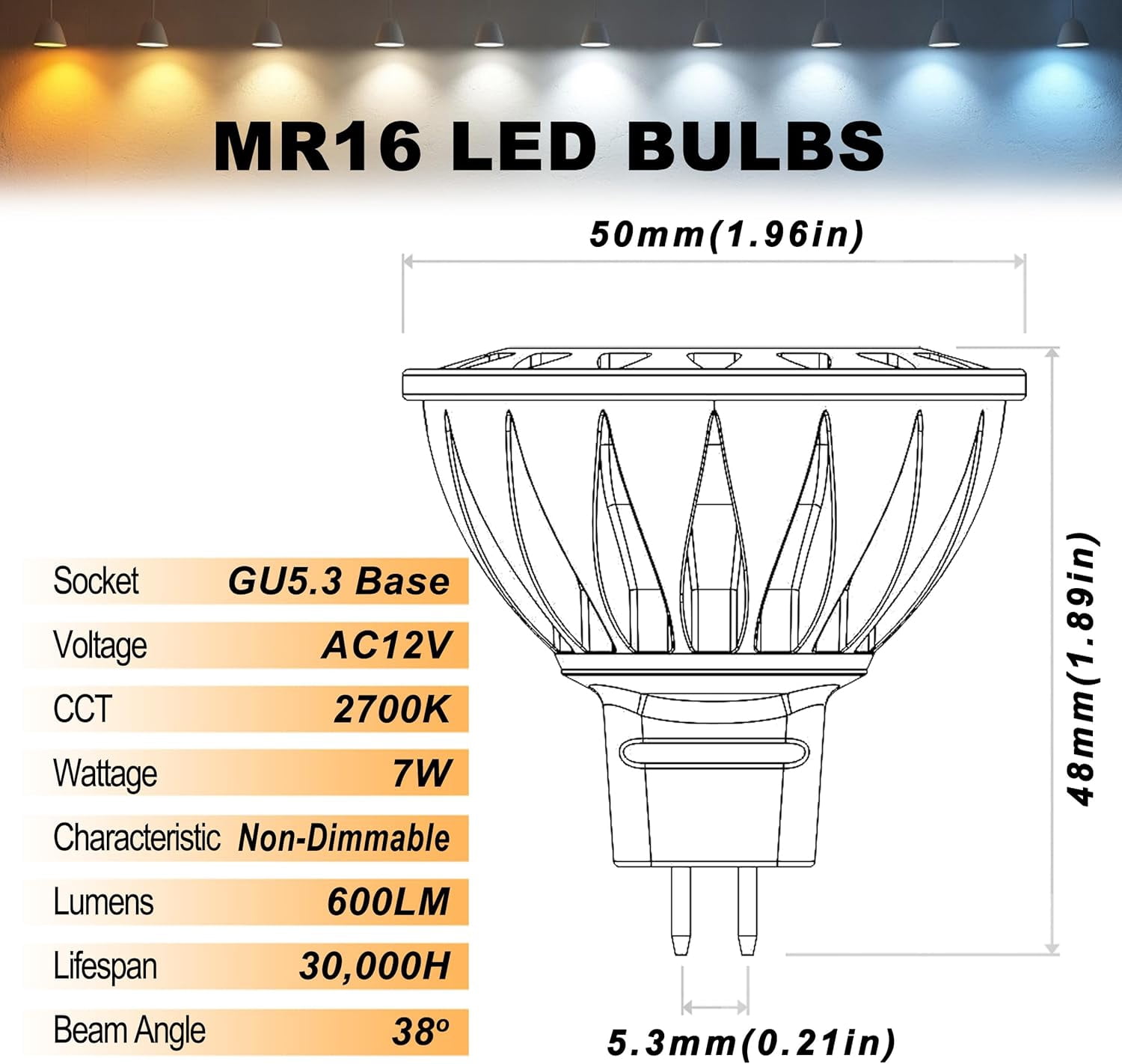 PYYAN-MR16 7W Led Bulbs Replace 50W 75W Halogen, GU5.3 MR16 2700K Warm ...