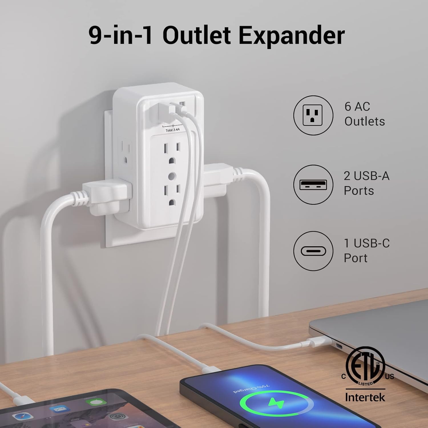 PYYAN-Multi Plug Outlet Extender, 6-Outlet Splitter with 3 USB Ports ...