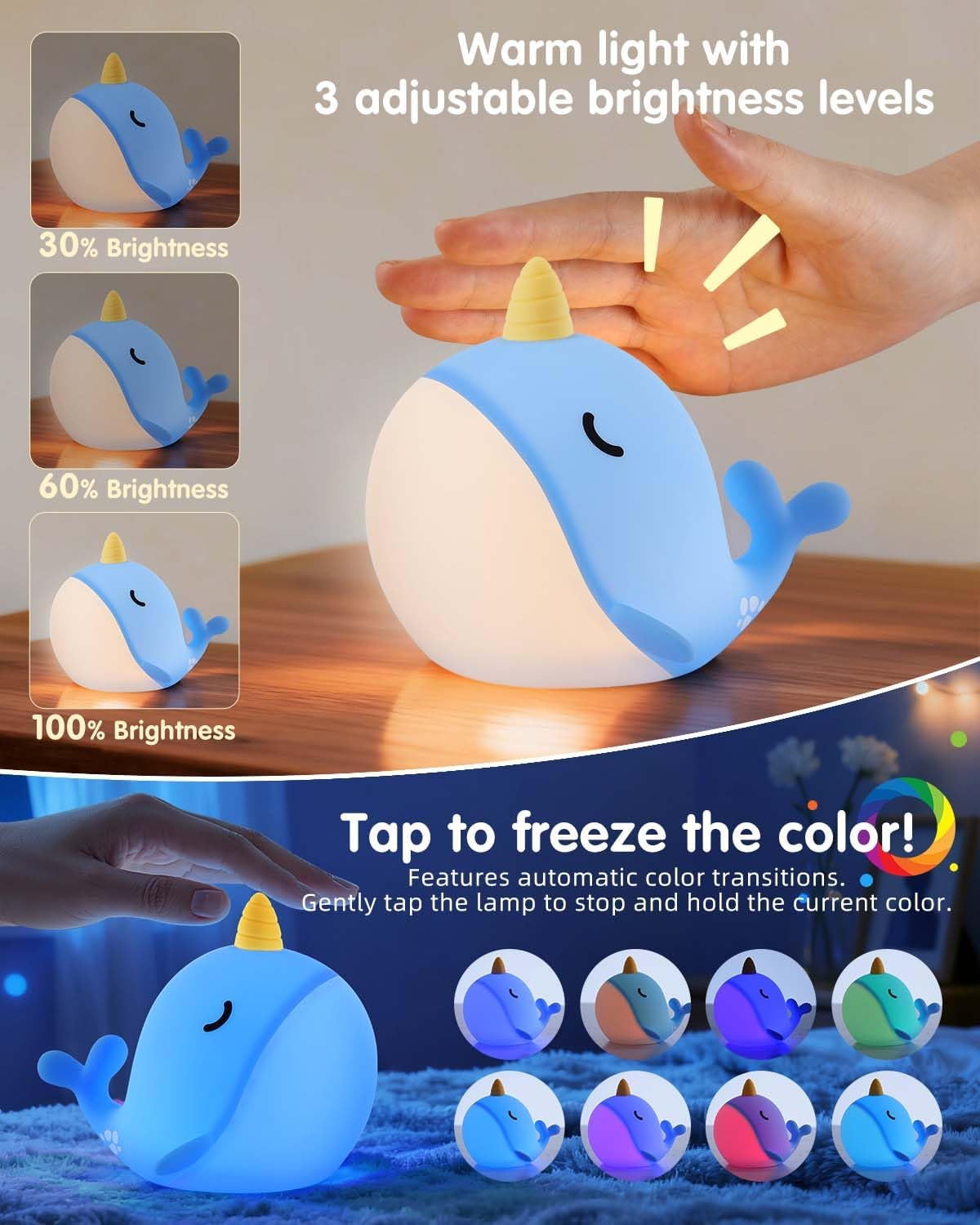 PYYAN-Narwhal Night Light with Whale Shape, Squishy Silicone Kids Lamp ...