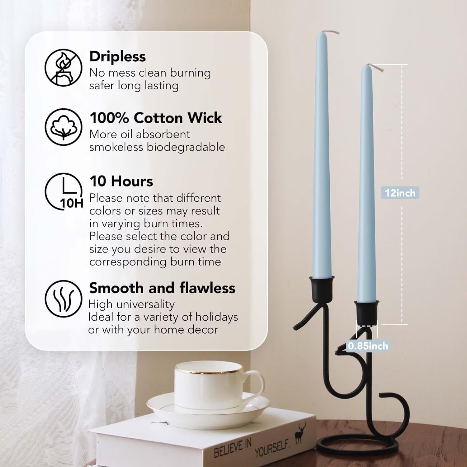 PYYAN-New Burning Formula Unscented Dripless 12-Inch Taper Candles Set ...