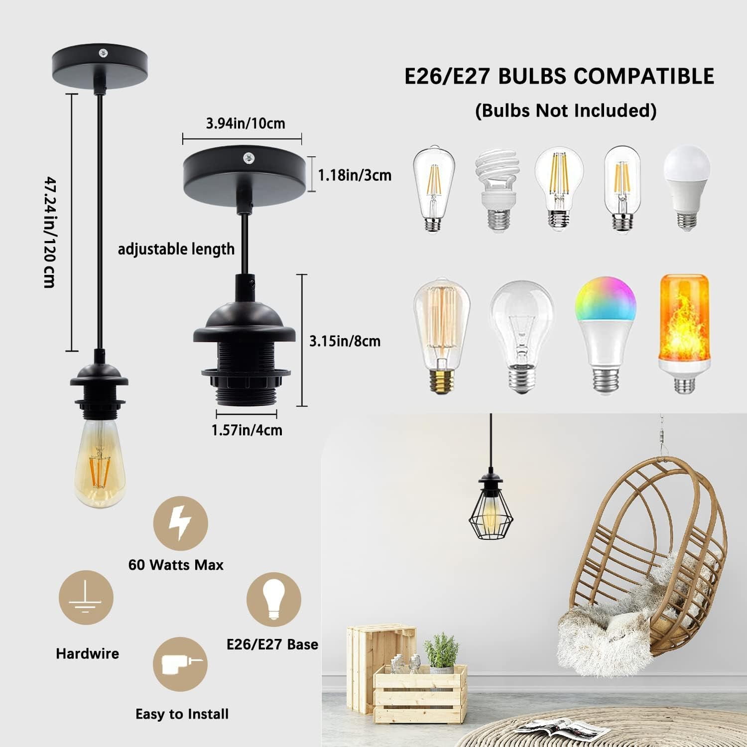 PYYAN-Pendant Light Kit 2pcs Mini Pendant Light Cord Cable Socket E27 ...
