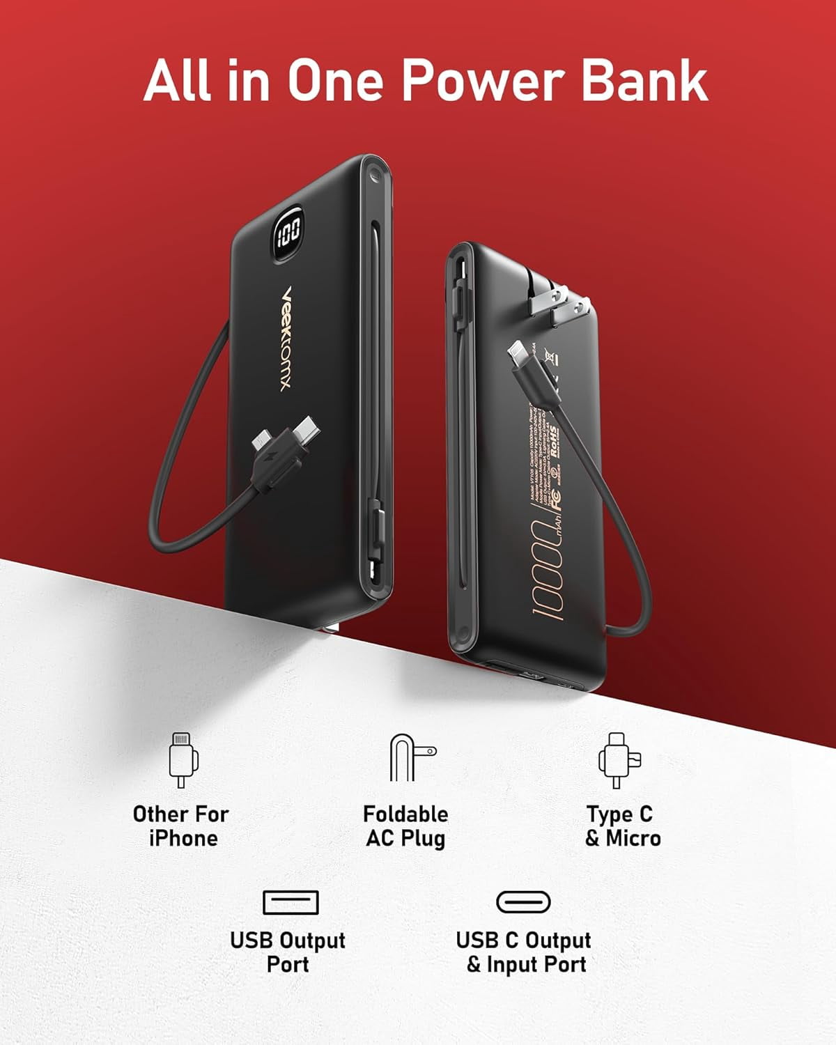 PYYAN-Portable Charger with Built in Cables 10000mAh, Power Bank for ...