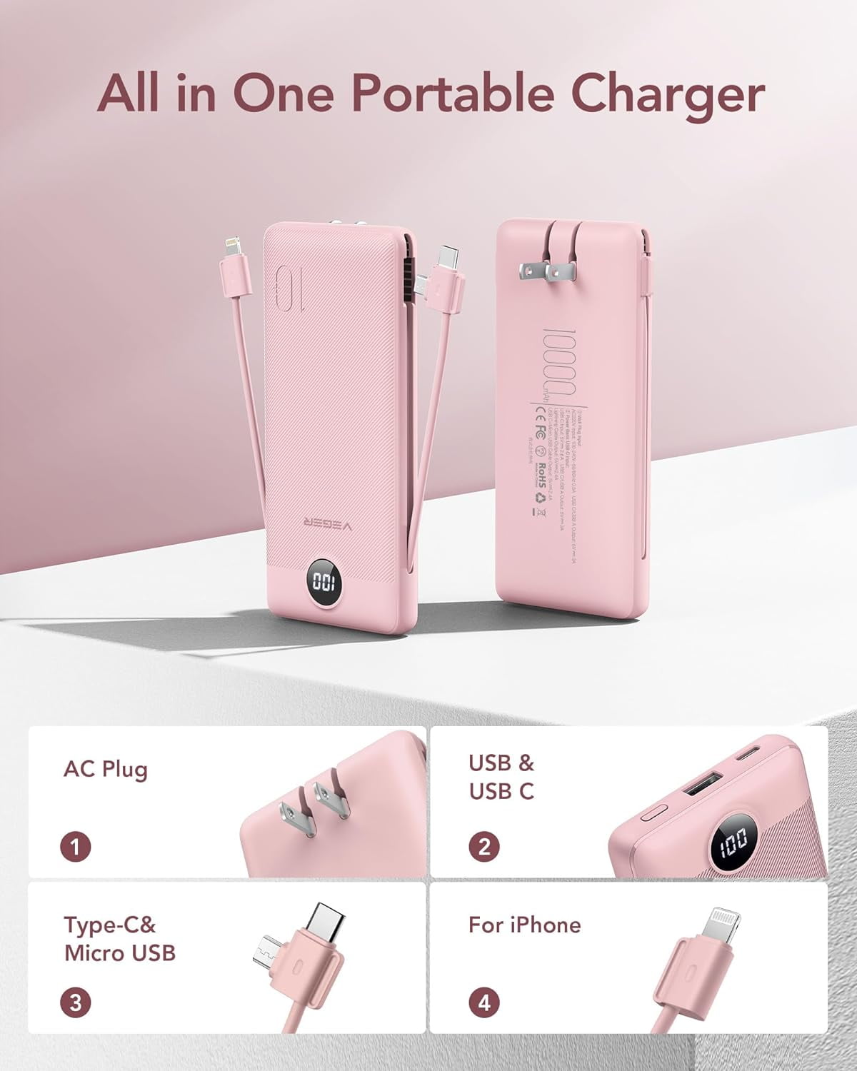 PYYAN-Portable Charger with Built-in AC Plug and Cables, All in One ...