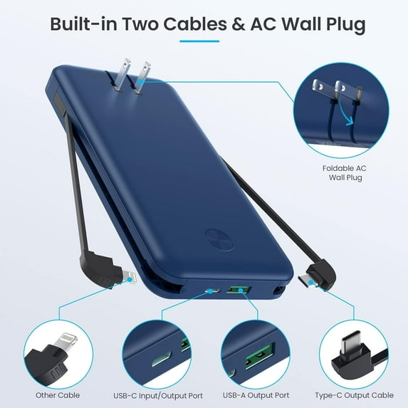 PYYAN-Portable Charger with Built-in Cables & AC Wall Plug,Upgraded ...
