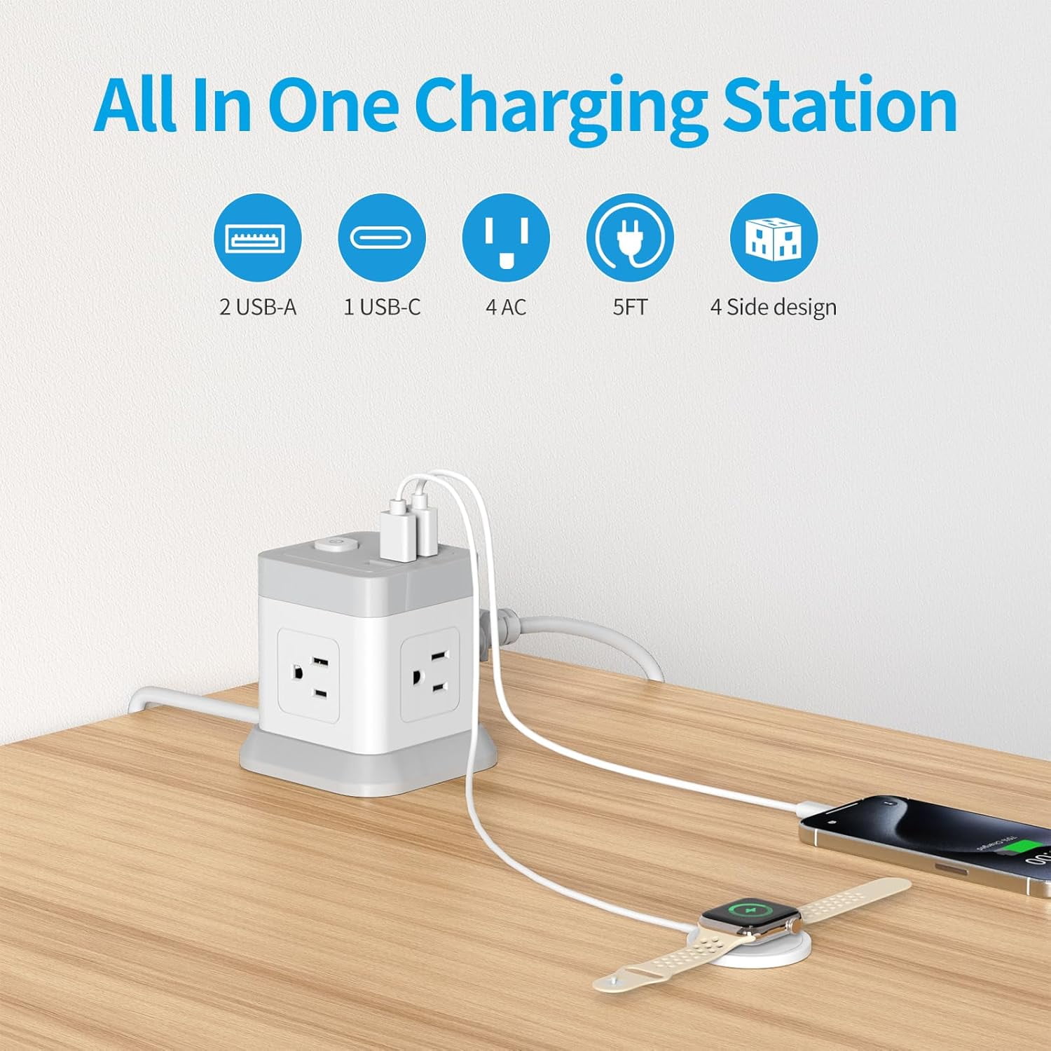PYYAN-Power Strip with USB, Flat Plug Extension Cord with 4 Outlets and ...