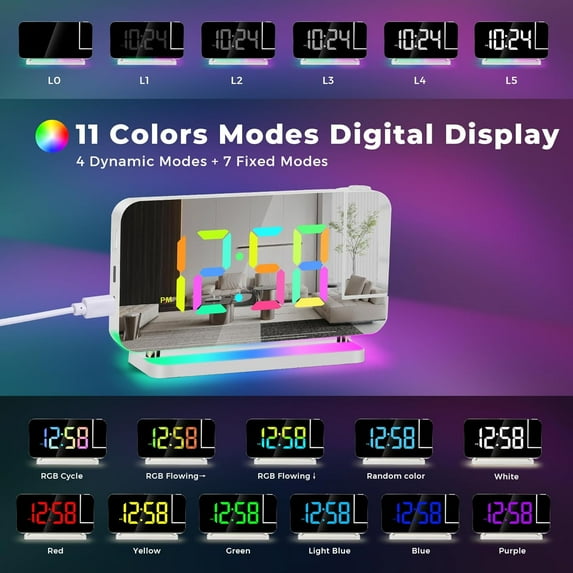 PYYAN-Projection Clock, 7.4" LED Mirror Digital Alarm Clocks, with RGB ...