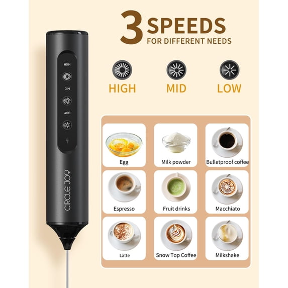 PYYAN-Rechargeable Handheld Milk Frother Wand with 3 Variable Speeds, 3 ...