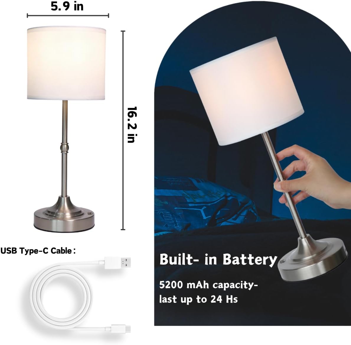 PYYAN-Rechargeable Table Lamp, Cordless Touch Lamps, Portable Desk ...