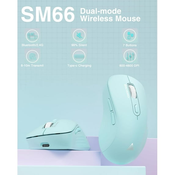 PYYAN-SM66 Green Silent Dual Mode Wireless Mouse for Laptop, Adjustable ...