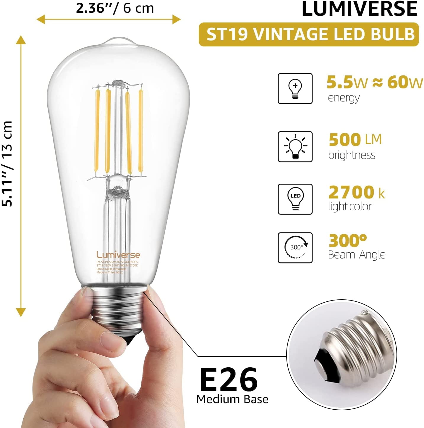 PYYAN-ST19 Dimmable LED Edison Bulb, 5.5W (60W Equivalent) 500LM, CRI ...