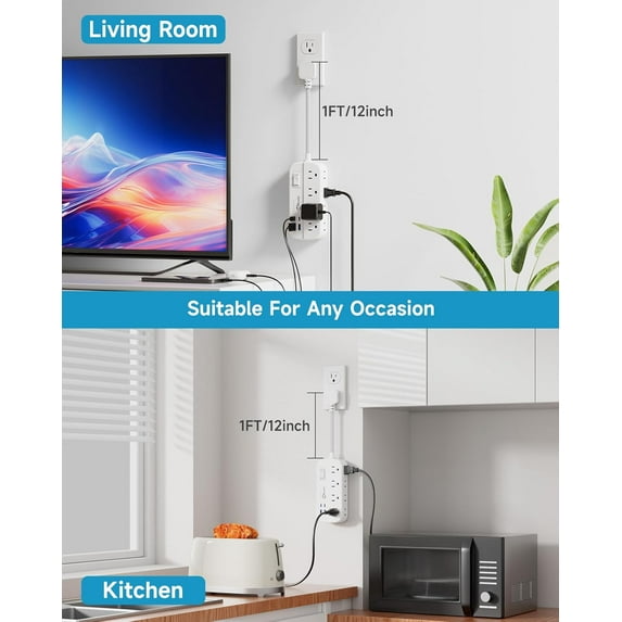 PYYAN-Short Extension Cord 1 ft - Flat Plug Power Strip Surge Protetor ...