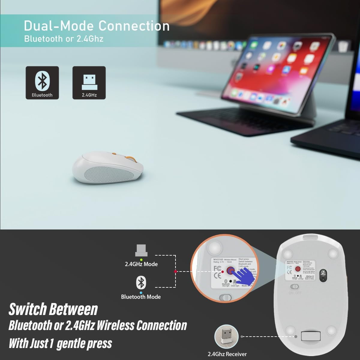 PYYAN-Silent Wireless Mouse for Work & Study, Dual Mode Bluetooth + 2 ...