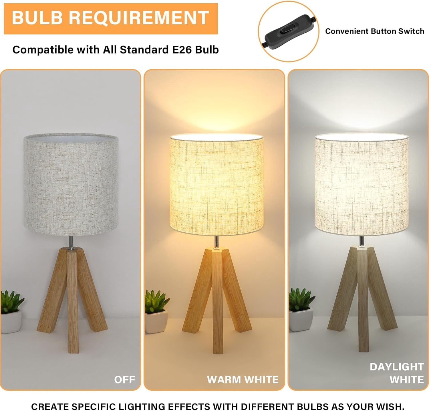 PYYAN-Small Table Lamp, Wooden Tripod Nightstand Lamp with Linen Fabric ...