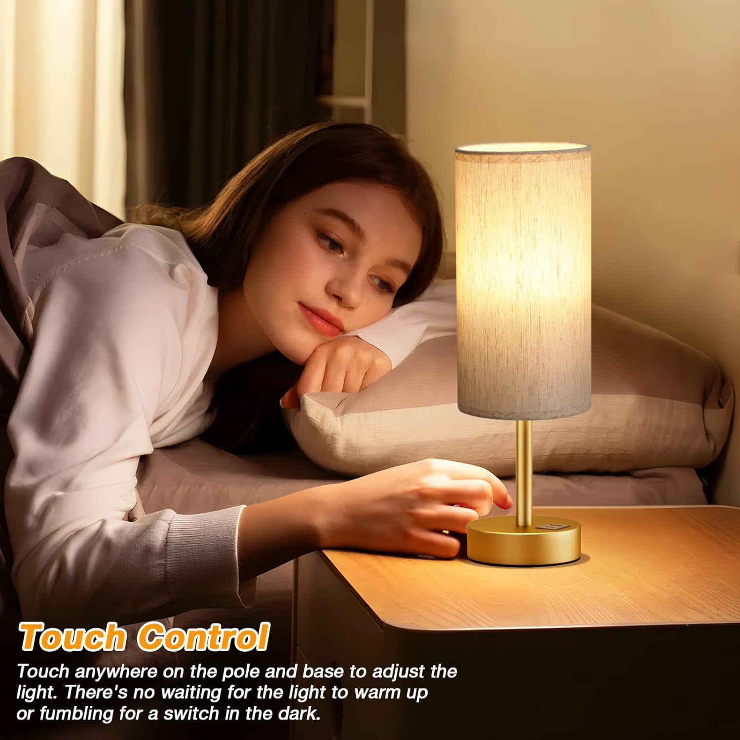 PYYAN-Small Touch Bedside Lamp with USB - 3 Way Dimmable Gold Table ...