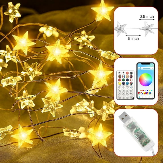 PYYAN-Smart Star Christmas Lights Indoor, 16.4 FT 40 LED USB Star ...