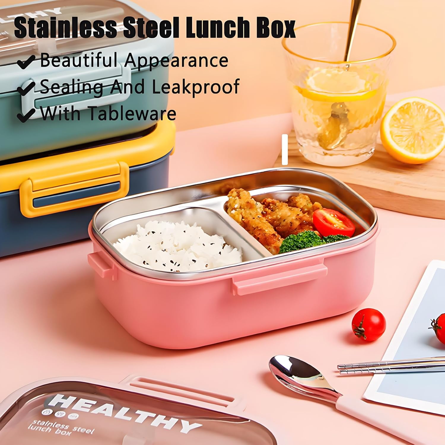 PYYAN-Stainless Steel Lunch Box, 2 Compartment Bento Box for Adults ...