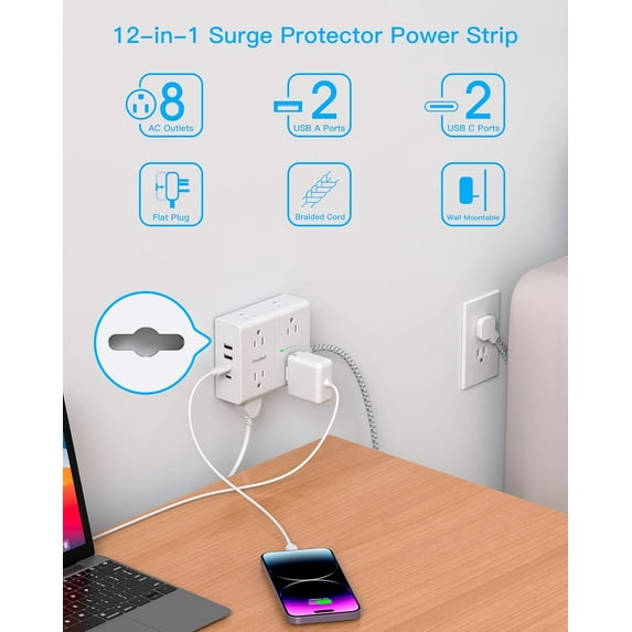 PYYAN-Surge Protector Power Strip 6 Ft Cord, Flat Extension Cord with 8 ...