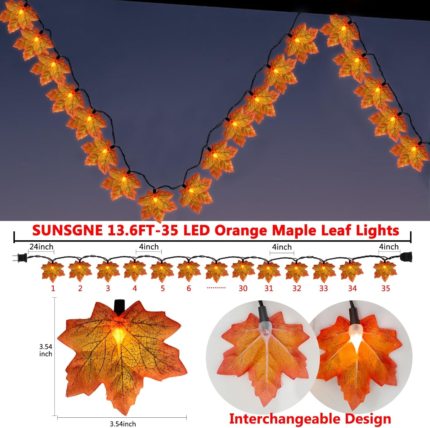 PYYAN-Thanksgiving String Lights, 13.6FT 35LED Orange Leaf Fall Lights ...
