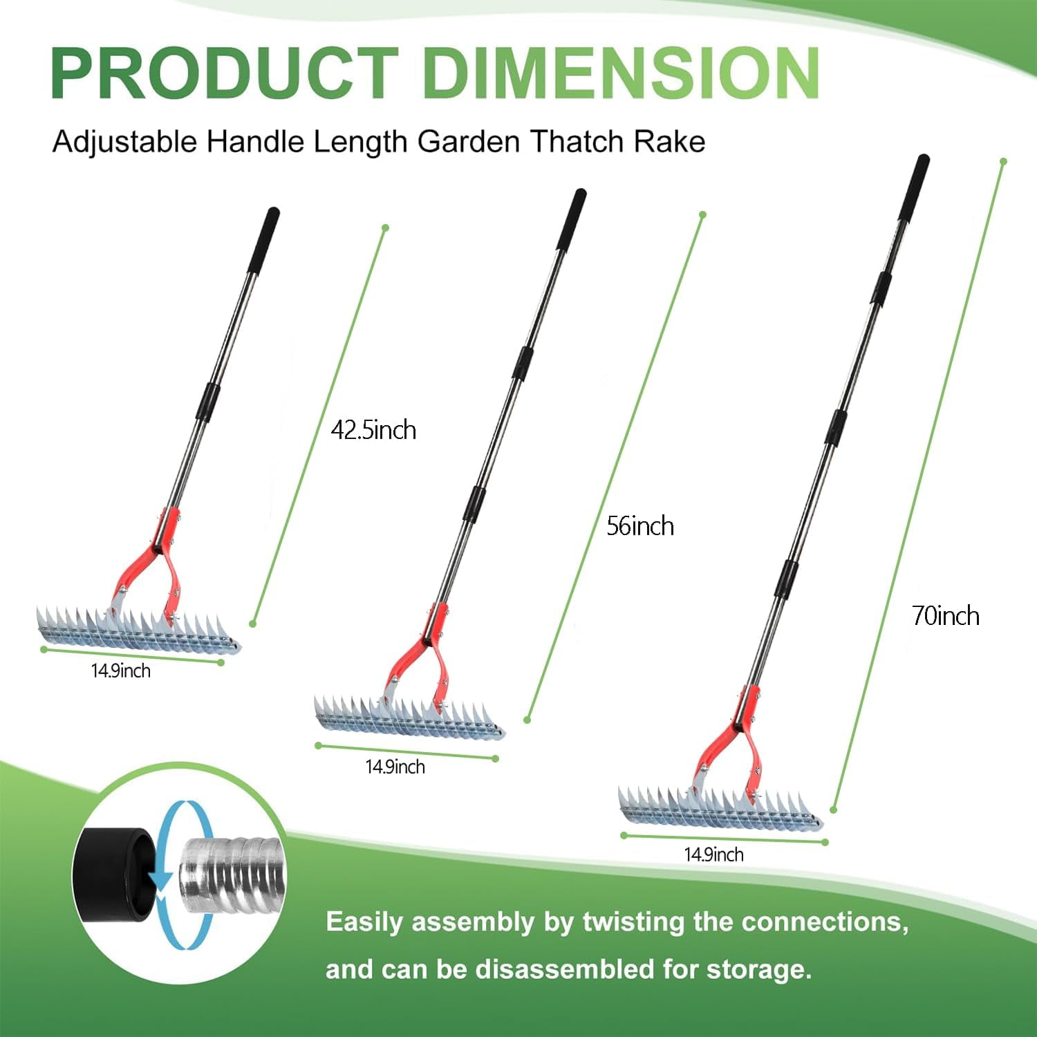 PYYAN-Thatch Rake, 15-Inch Wide dethatcher rake for Cleaning Dead Grass ...