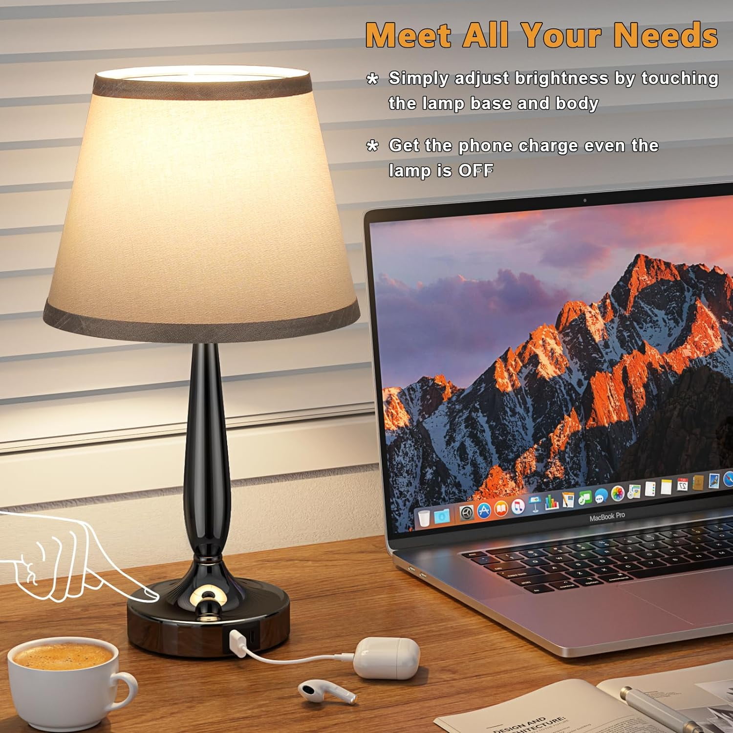 PYYAN-Touch Table Lamp for Bedroom, Small Bedside Lamp with USB C ...