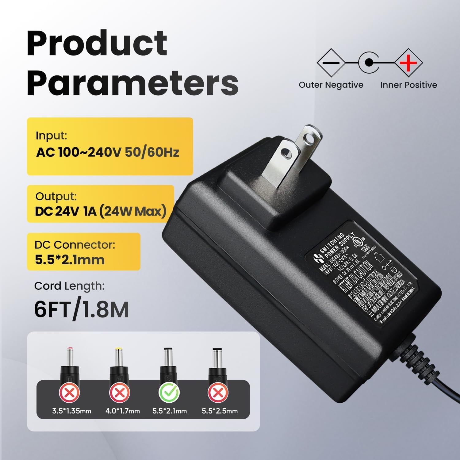 PYYAN-UL Listed 24V 1A 1000mA 6FT Power Supply Adapter, 24W 0.5A 0.6A 0 ...