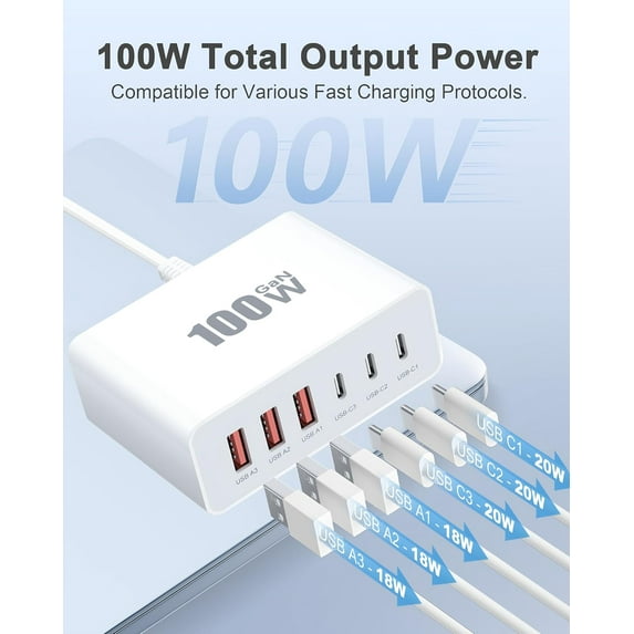 PYYAN-USB C Charger Block, 100W GaN Fast Charging Blocks USBC Charger 6 ...